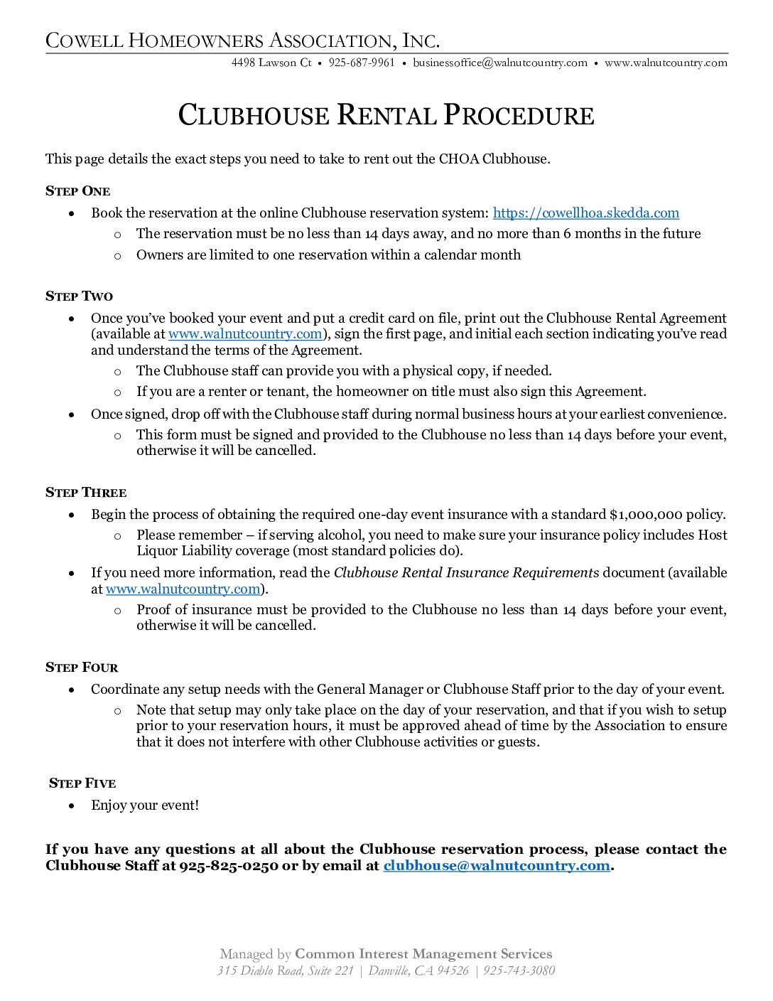 2. RESIDENT - Clubhouse Rental Procedure & FAQ - Walnut Country